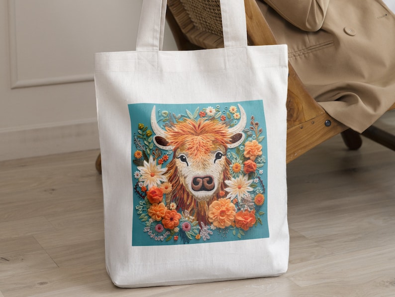 Digital Cute Embroidery Highland Cow Bundle, Cow Art, Boho Flowers ...