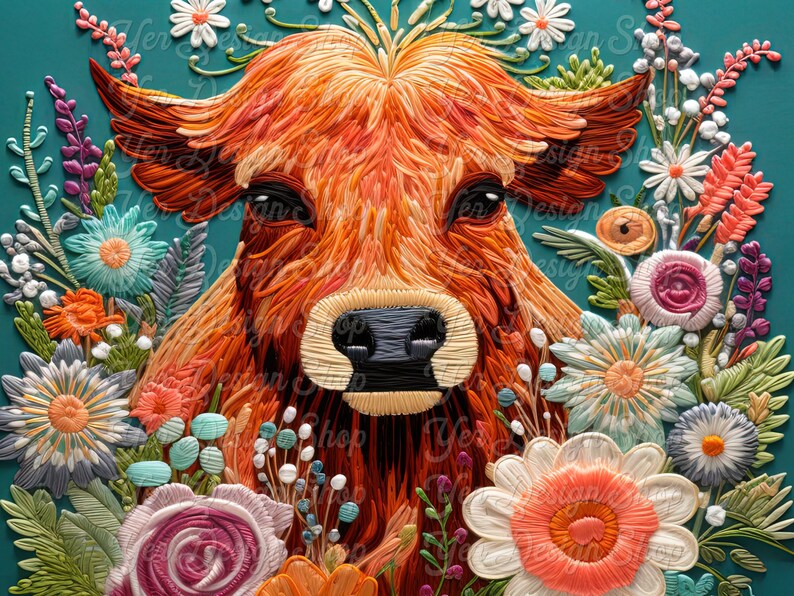 Digital Cute Embroidery Highland Cow Bundle, Cow Art, Boho Flowers ...