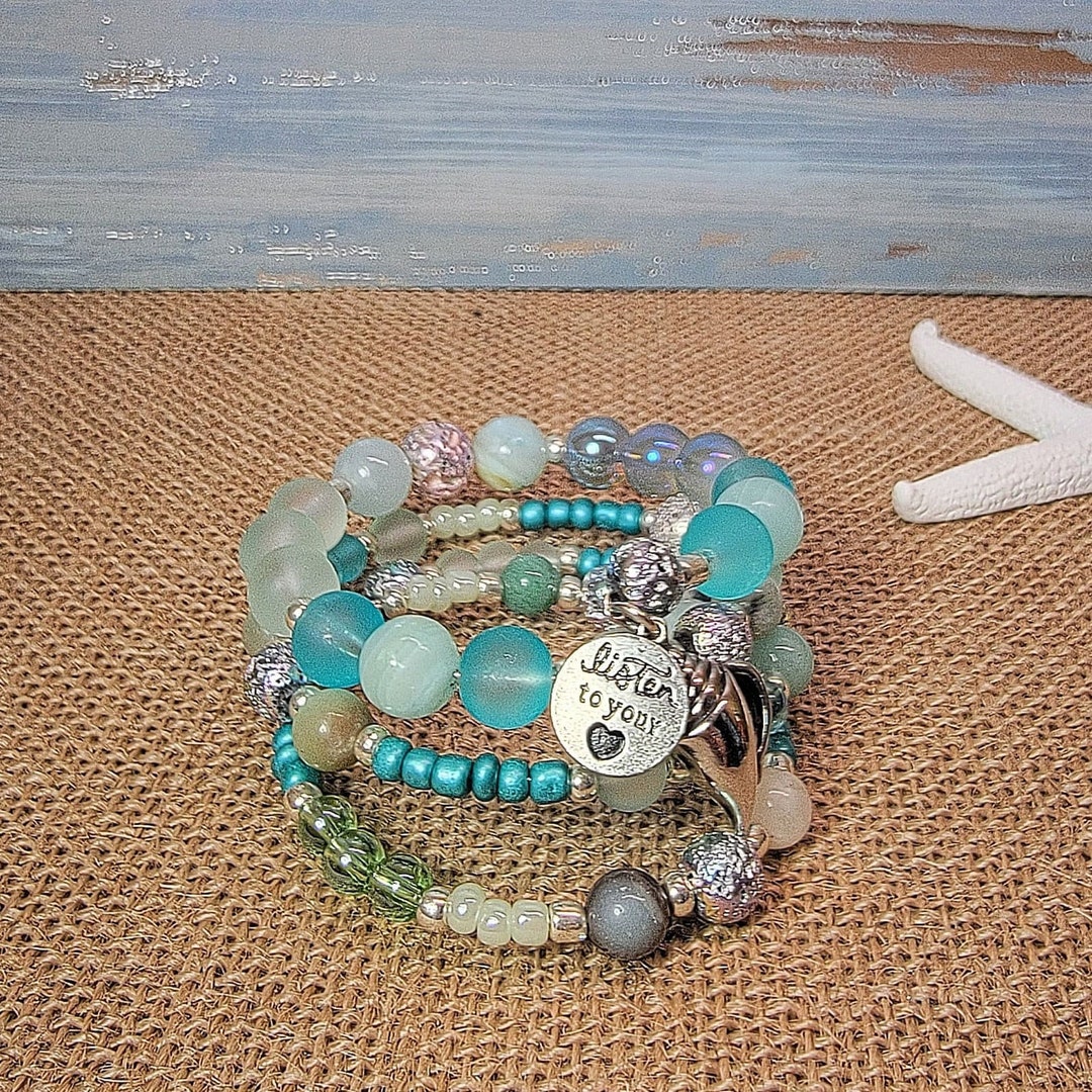 Ocean Call, Sea Inspired Beaded Bracelet, Conch Shell Charm, Chunky ...