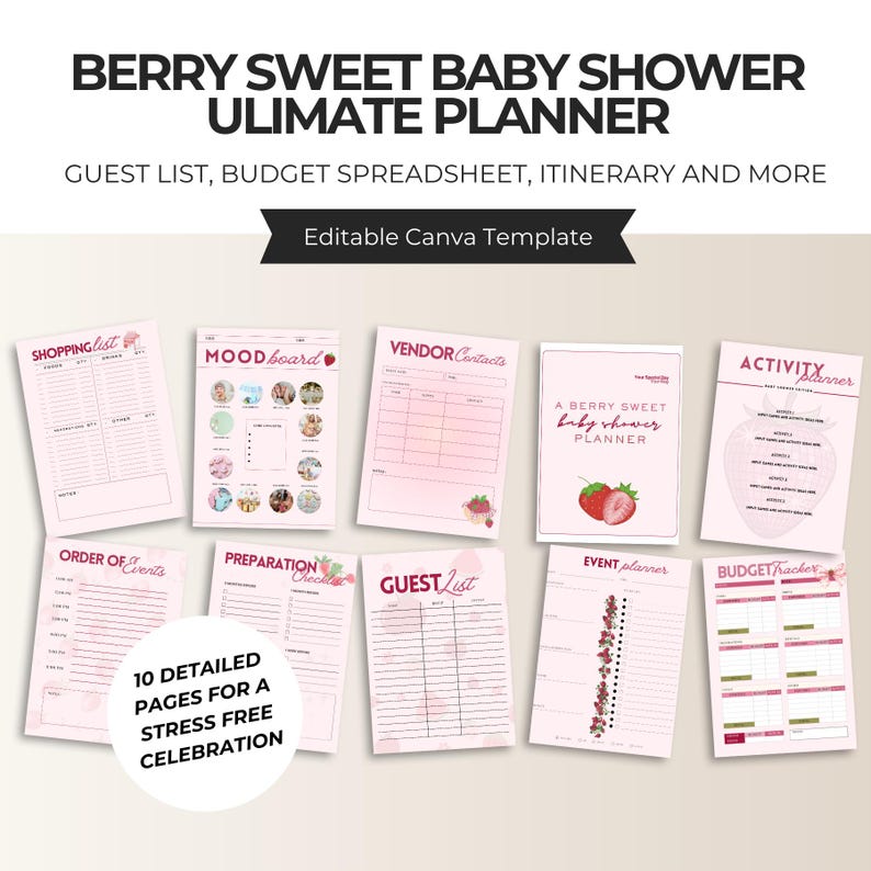 Berry Sweet Baby Shower Planner Digital Template | Guest List, Budget ...