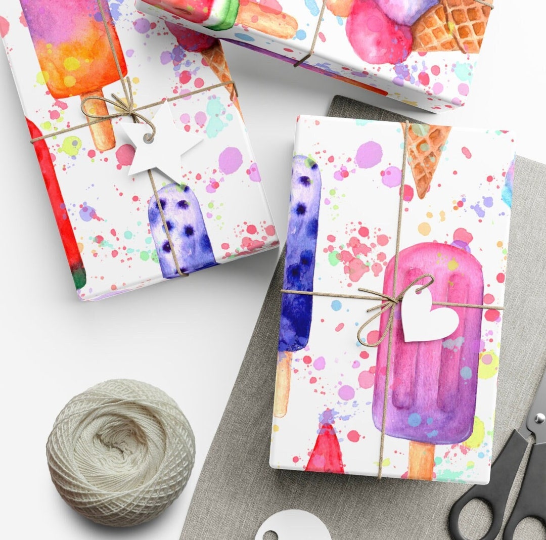 Ice Cream Party Wrapping Paper, Watercolor Dessert Gift Wrap, Eco ...