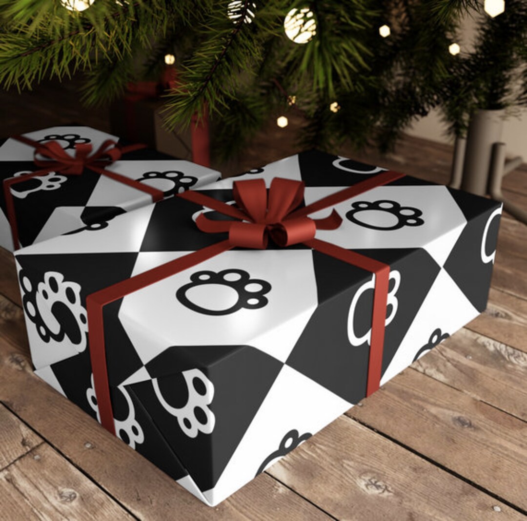 Black and White Checker Gift Wrap, Cat Paw Print Pattern Wrapping Paper ...