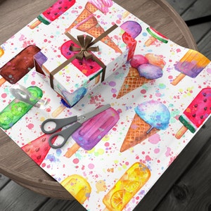 Ice Cream Party Wrapping Paper, Watercolor Dessert Gift Wrap, Eco ...