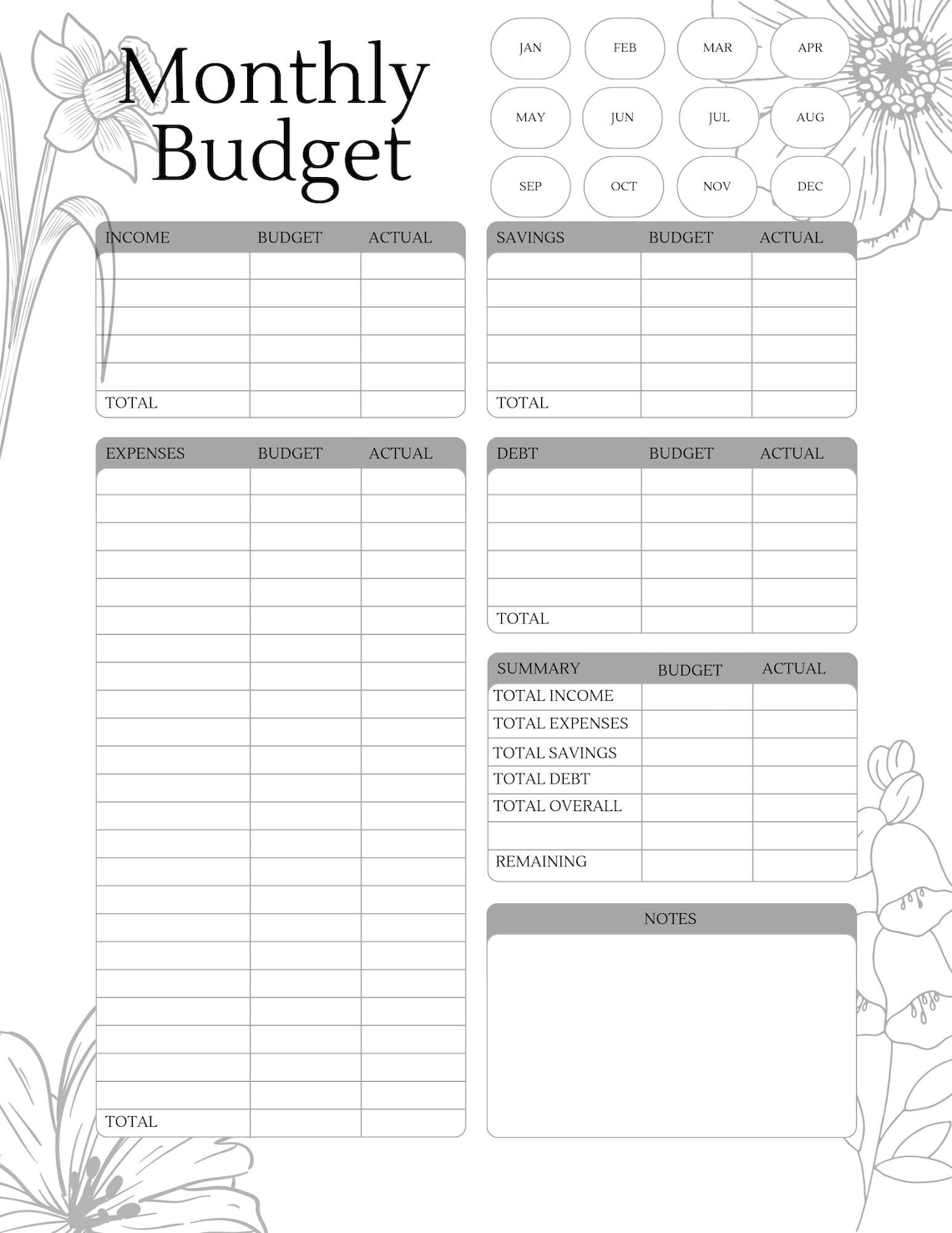 Monthly Budget Overview Templates - Etsy