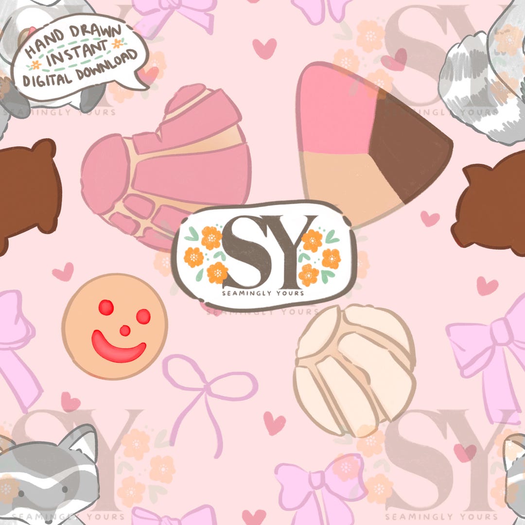 Coquette Raccoon Pan Dulce Mexican Bread | Hand-drawn Seamless Pattern ...