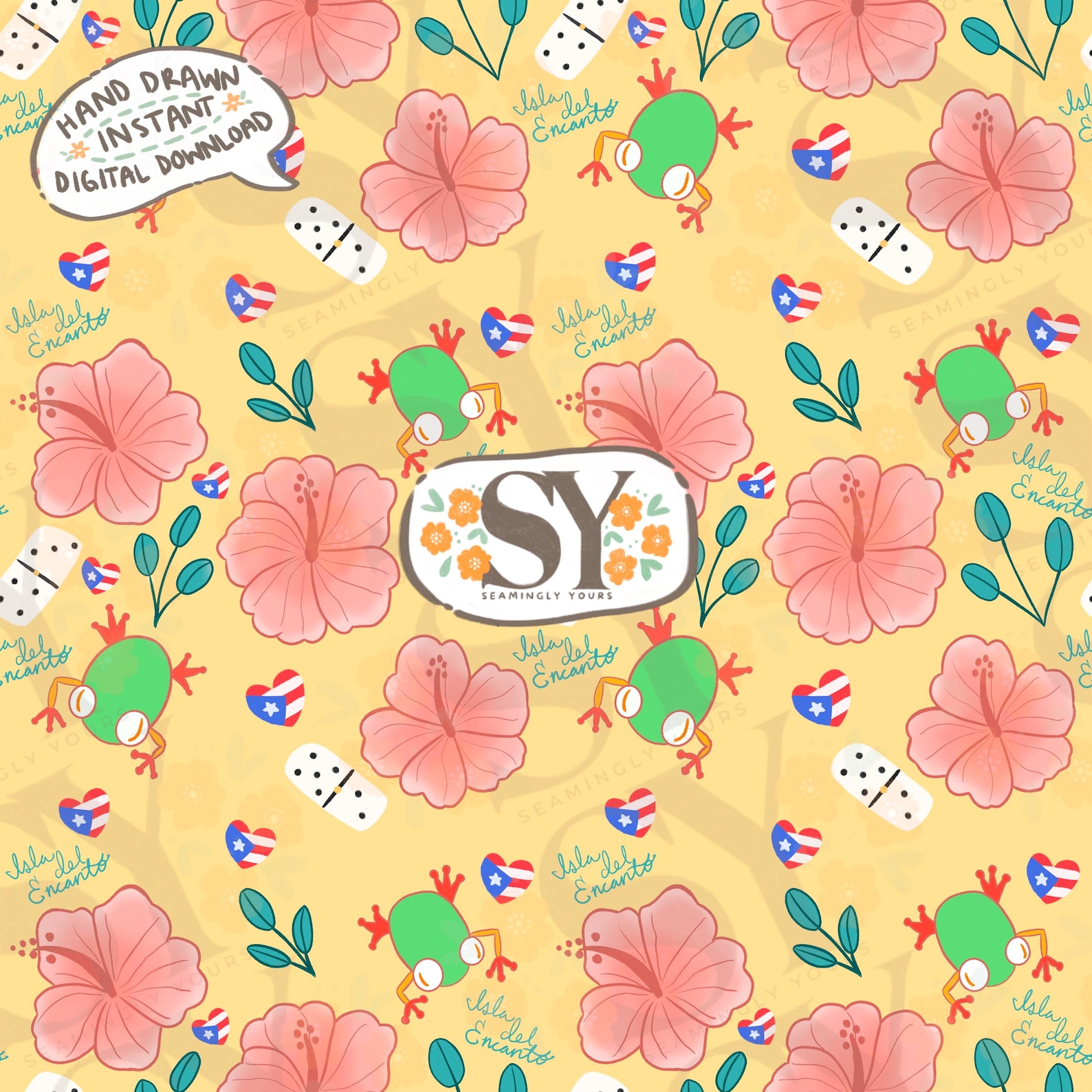 Yellow Puerto Rican Flag Hearts Pattern | Hand-drawn Seamless Pattern ...