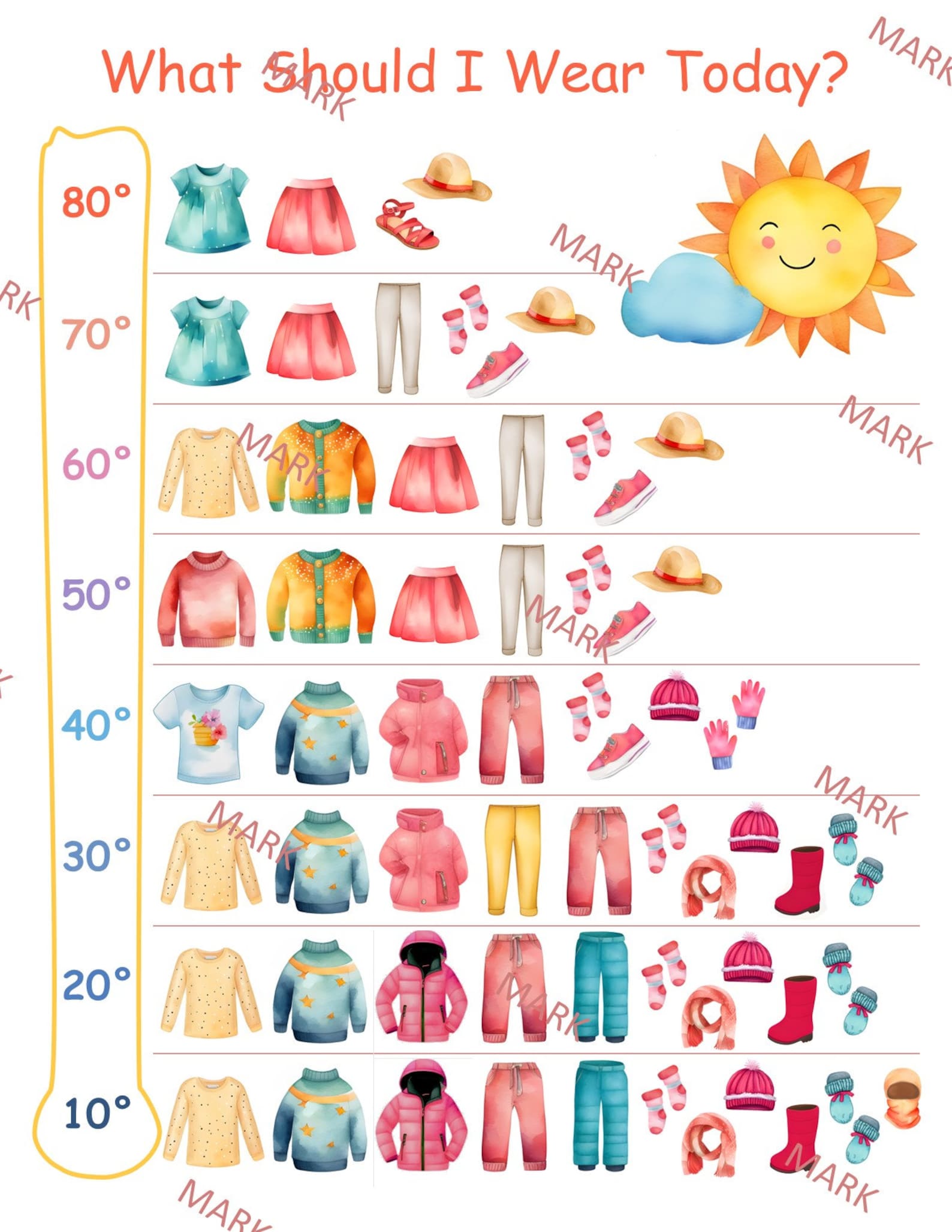 Weather Temperature Dressing Chart Guide for Kids girl Fahrenheit ...
