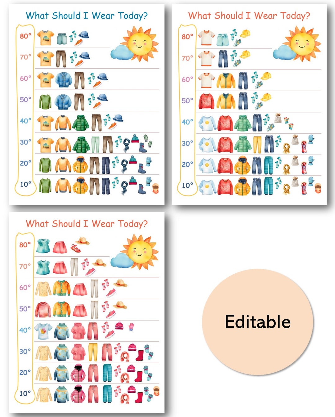 Editable Weather Temperature Dressing Chart Guide for Kids - Etsy