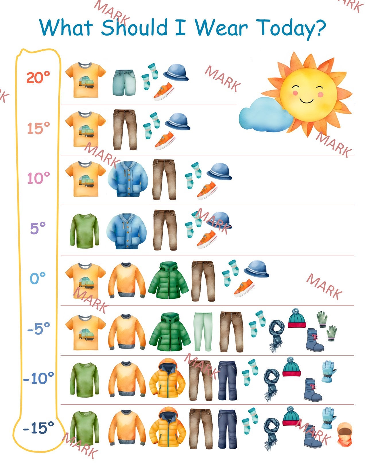Weather Temperature Dressing Chart Guide for Kids boys Celsius ...