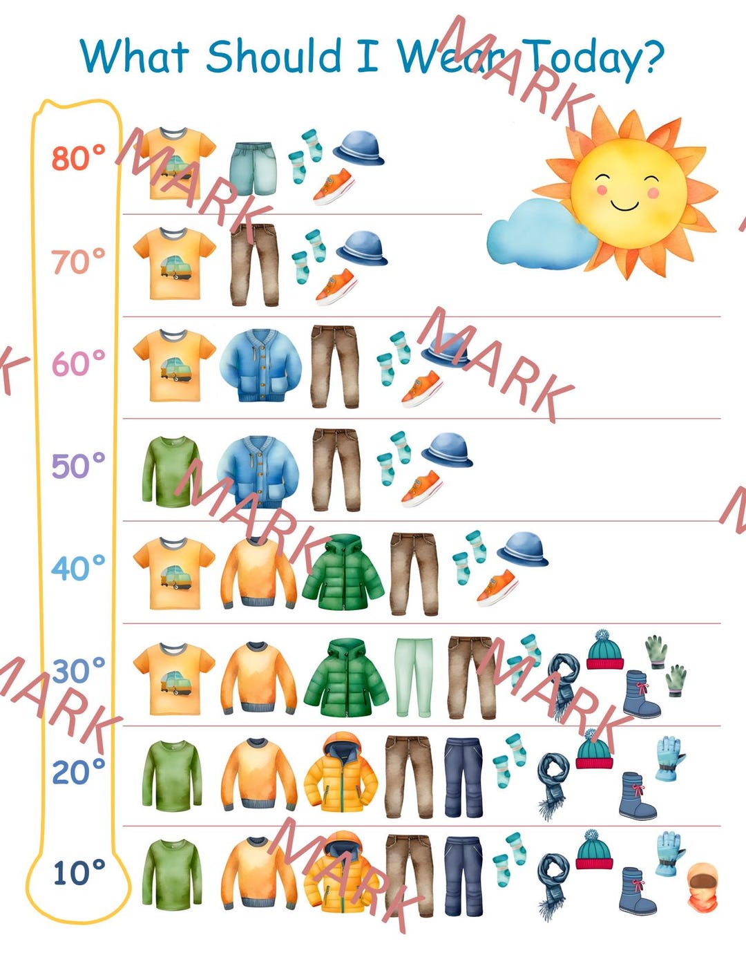 Weather Temperature Dressing Chart Guide for Kids Boys Celsius ...
