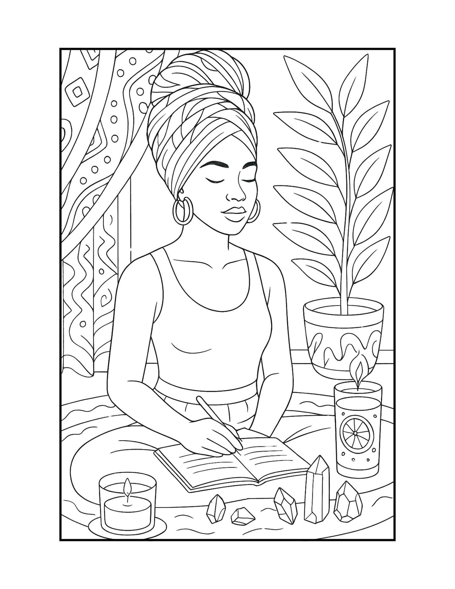 Black Woman Journaling Coloring Page | Crystals, Candles & Cozy ...