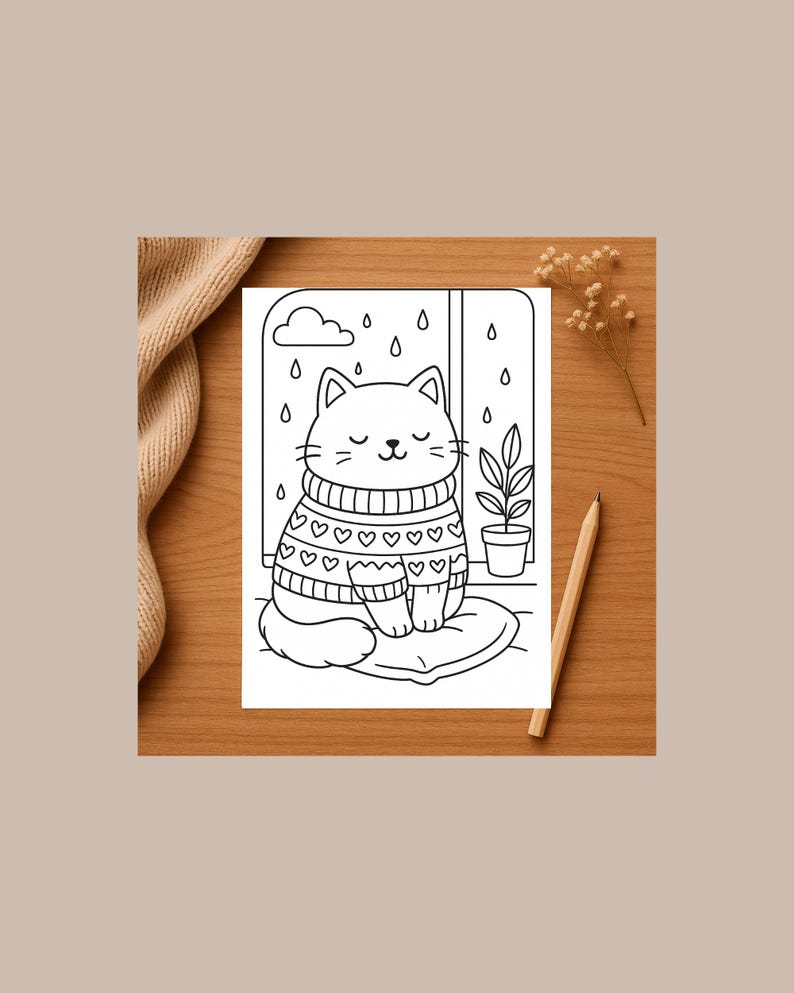 Cozy Cat in Sweater Coloring Page: Rainy Day Printable (PDF) - Etsy
