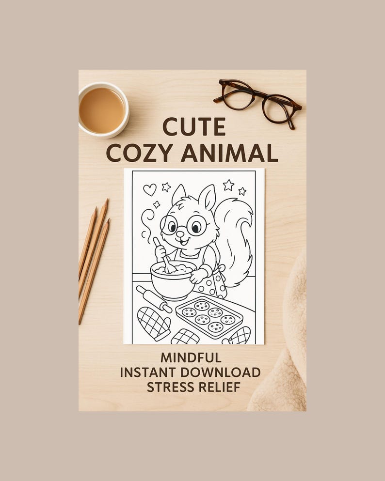 Cozy Squirrel Baking Coloring Page for Adults and Kids, Cute Animal Kitchen Coloring Sheet ...