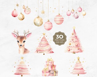 Watercolor Pink Christmas Clipart Bundle, Pink Christmas PNG, Holiday ...