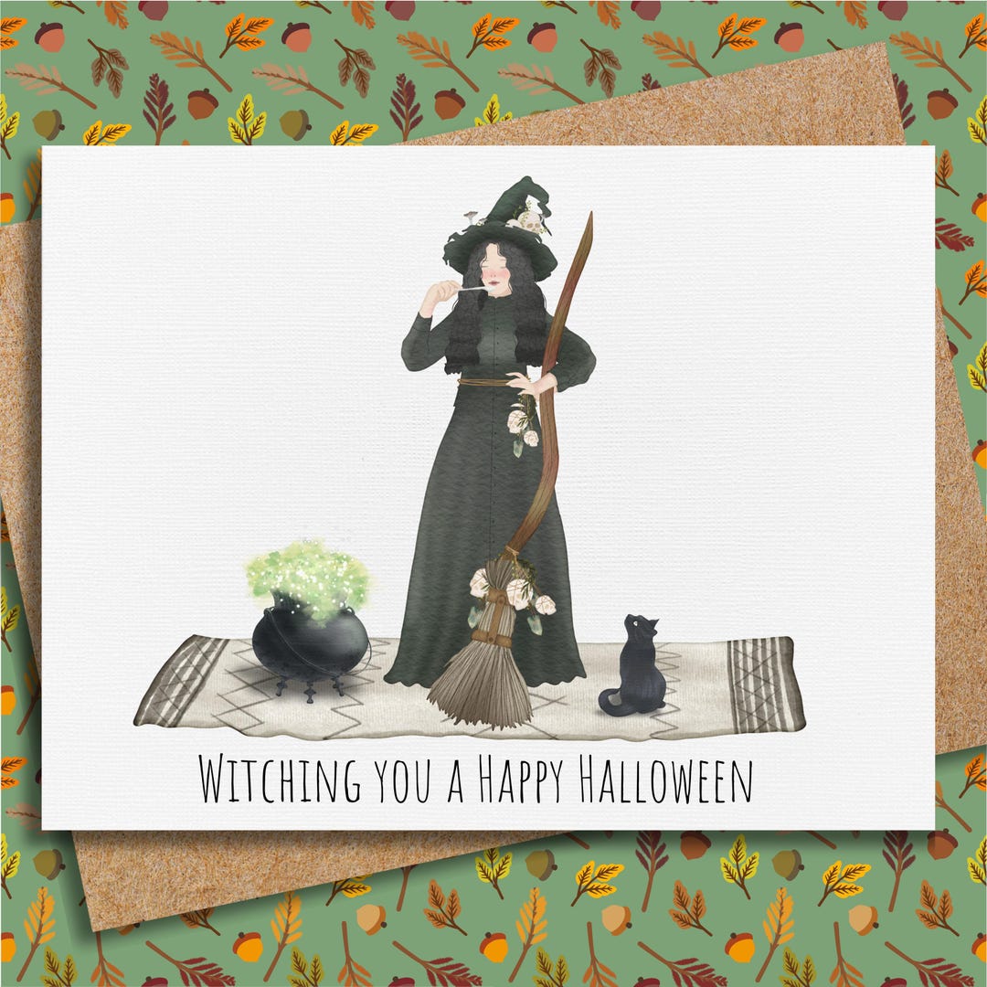 Funny Spooky Witch Black Cat Halloween Card | Happy Halloween | Fall ...