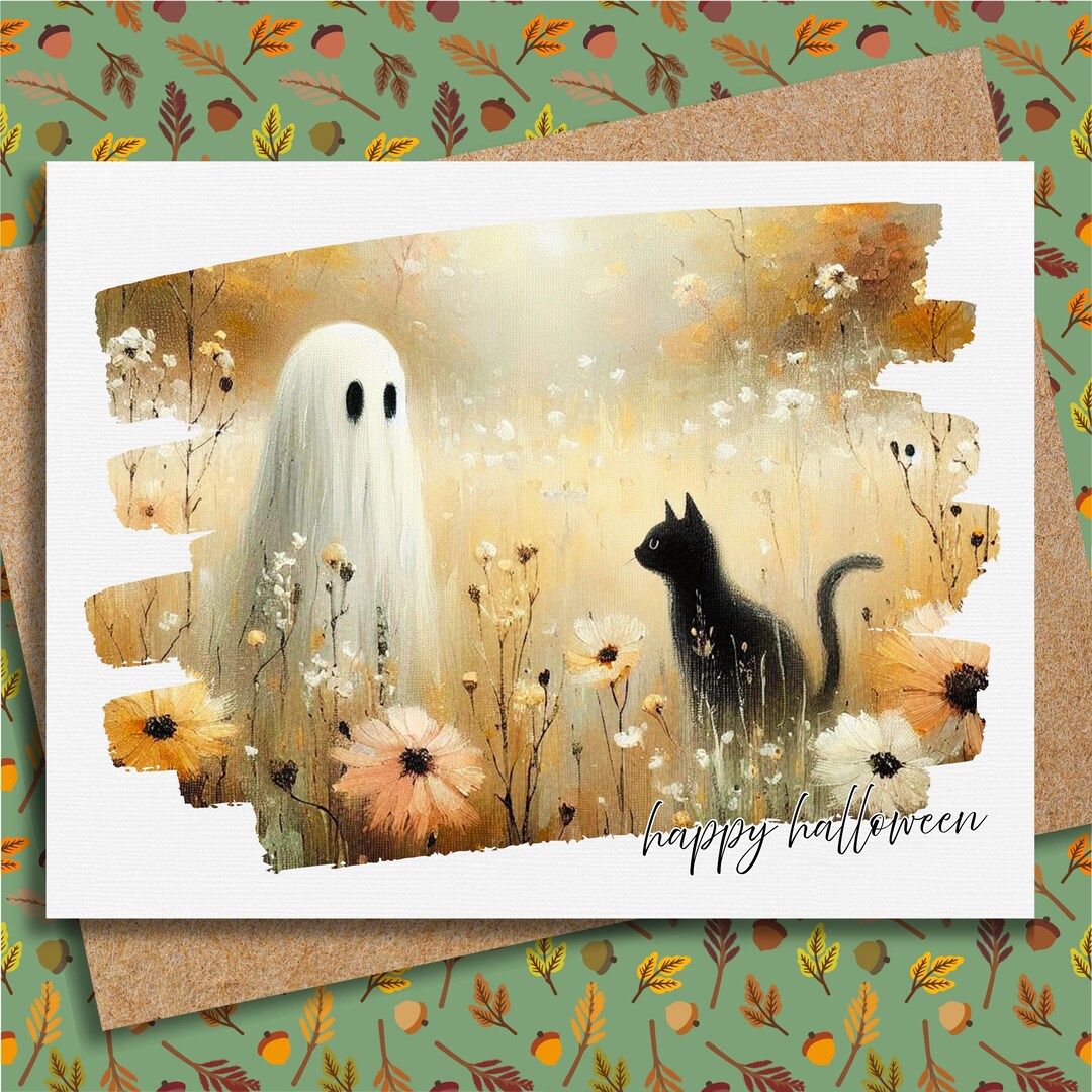 Ghost and Black Cat Happy Halloween Greeting Card | Cute Ghost Card for ...