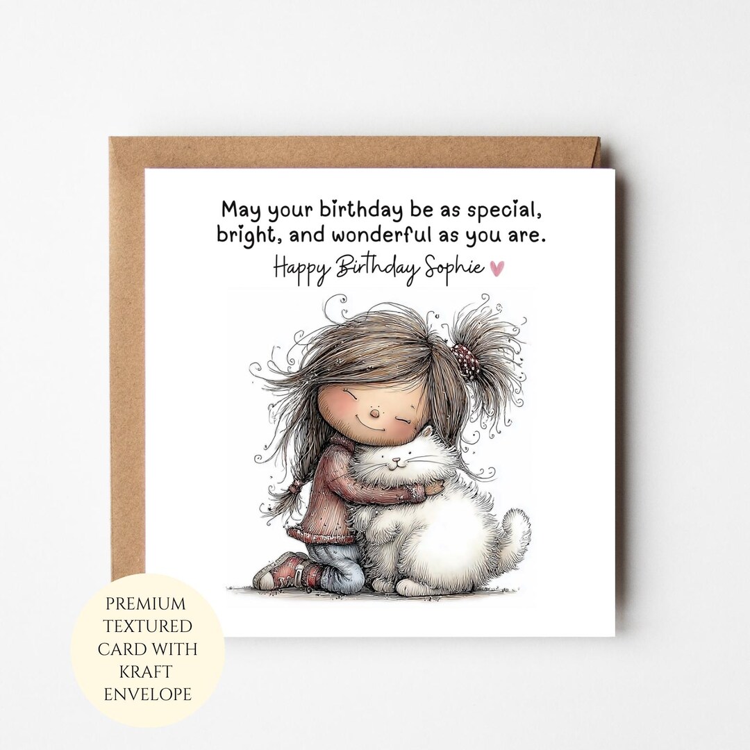 Personalised Girl With Cat Birthday Card – Cat Lover Greeting for Her ...