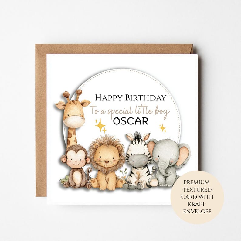 Personalised Boys Birthday Card, Safari Animals Wreath, Custom Name - Etsy