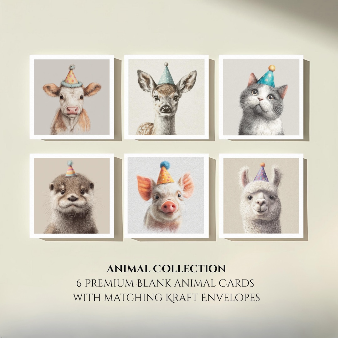 Pack of 6 Luxury Animal Birthday Cards – Party Hat Animals – Premium ...