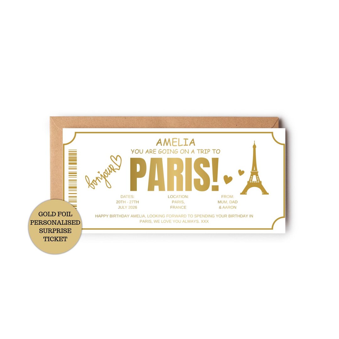 Gold Foiled Holiday Reveal Ticket for Him or Her Surprise Birthday Trip ...