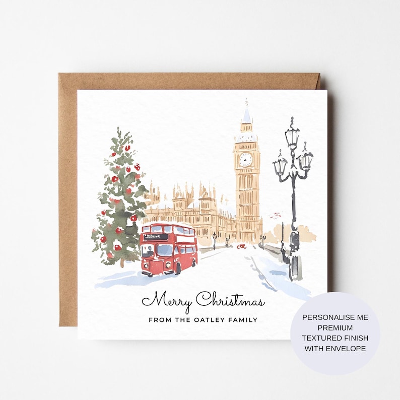 Personalised London Christmas Card: Watercolour Big Ben & Bus - Etsy