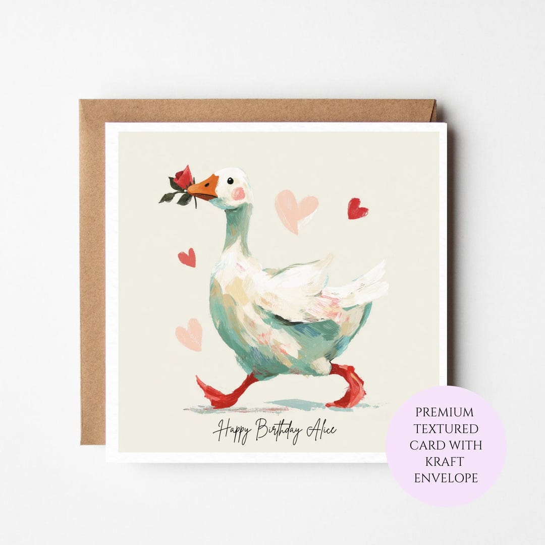Whimsical Goose Birthday Card: Watercolor Illustration With Rose ...