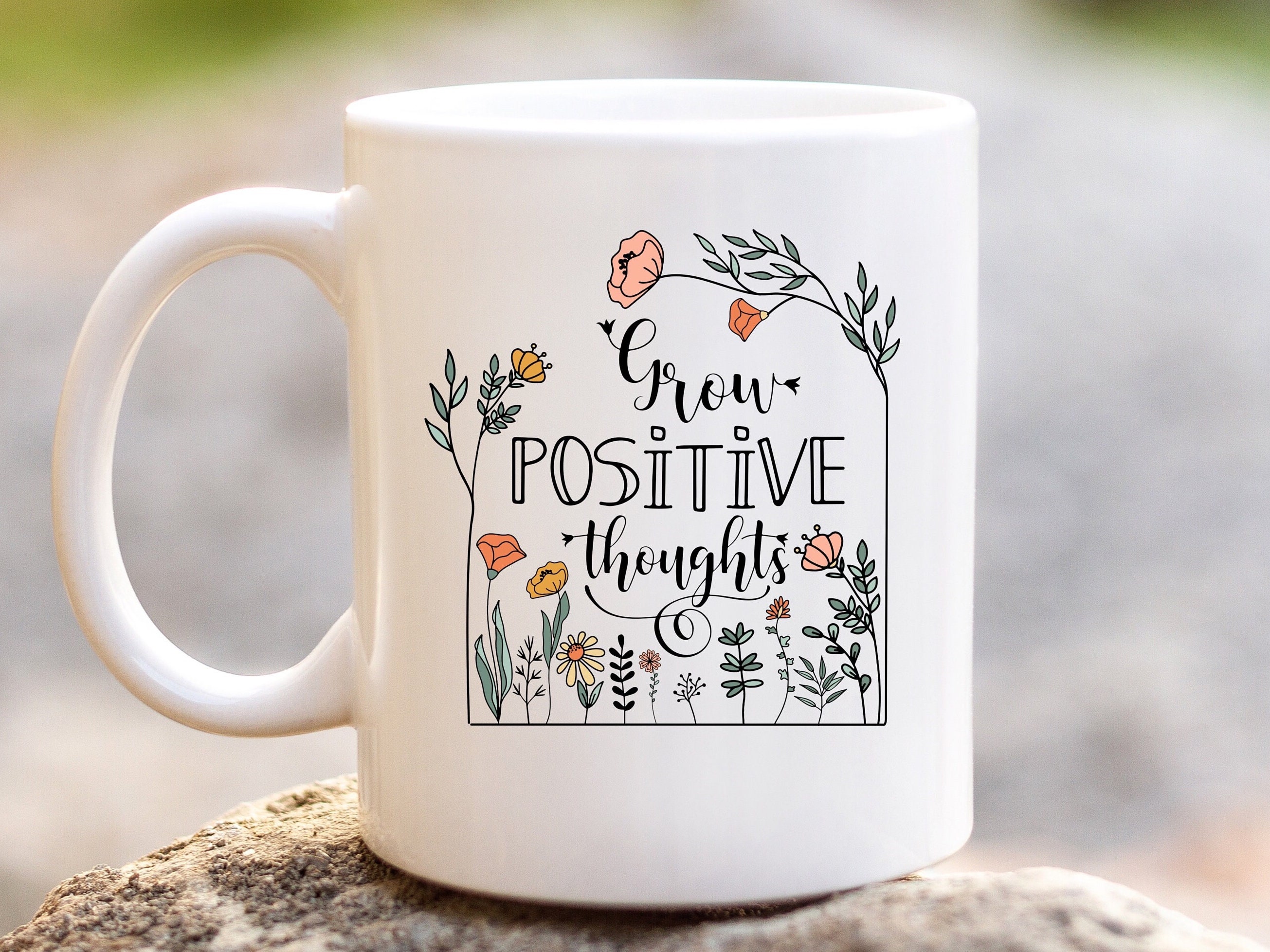 Minimalist Grow Positive Thoughts Coffee Mug Positivity Coffee Cup