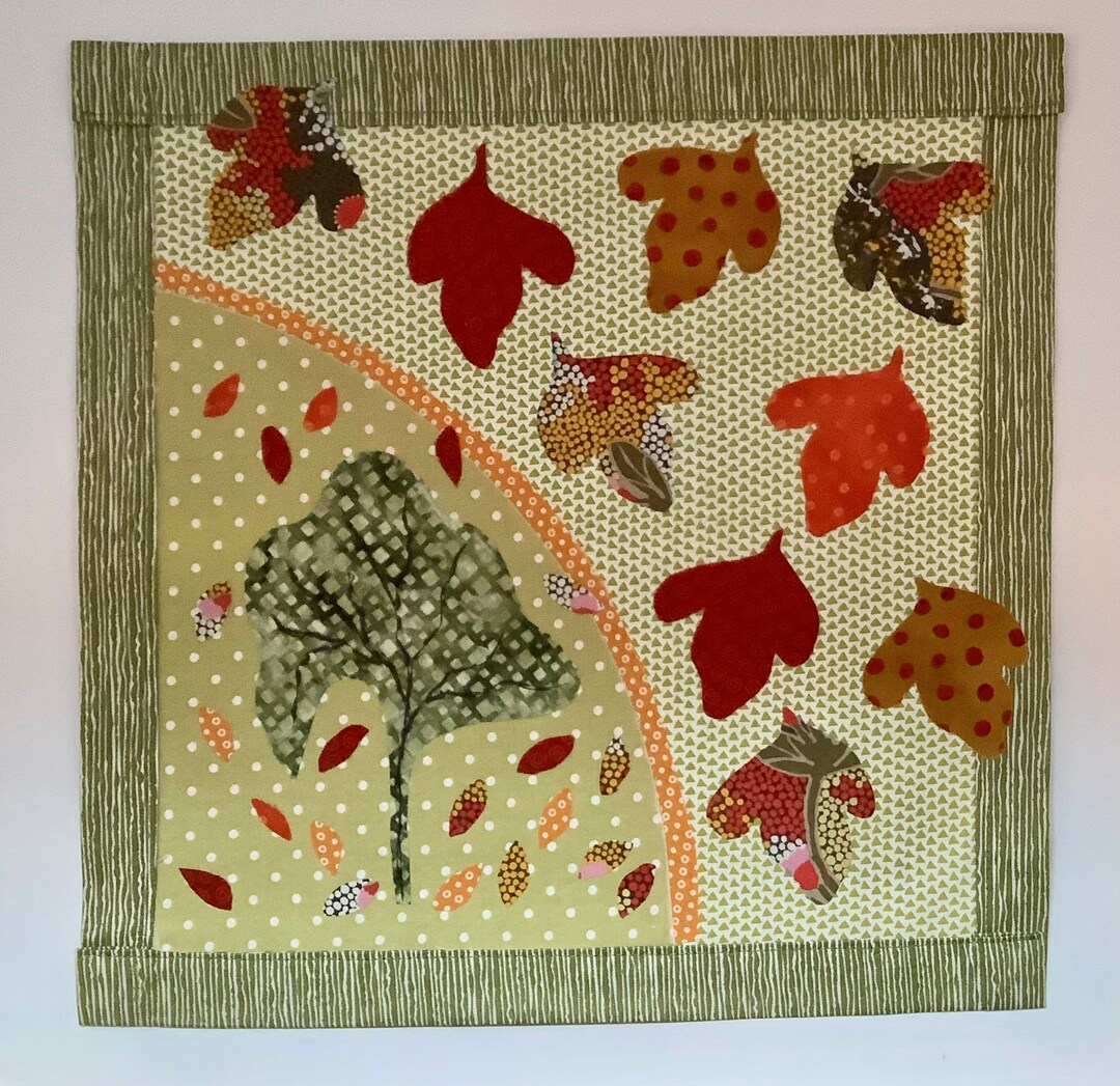 Fabric Collage Autumn Falling Leaves Textile Art Wall Decor Frameable ...