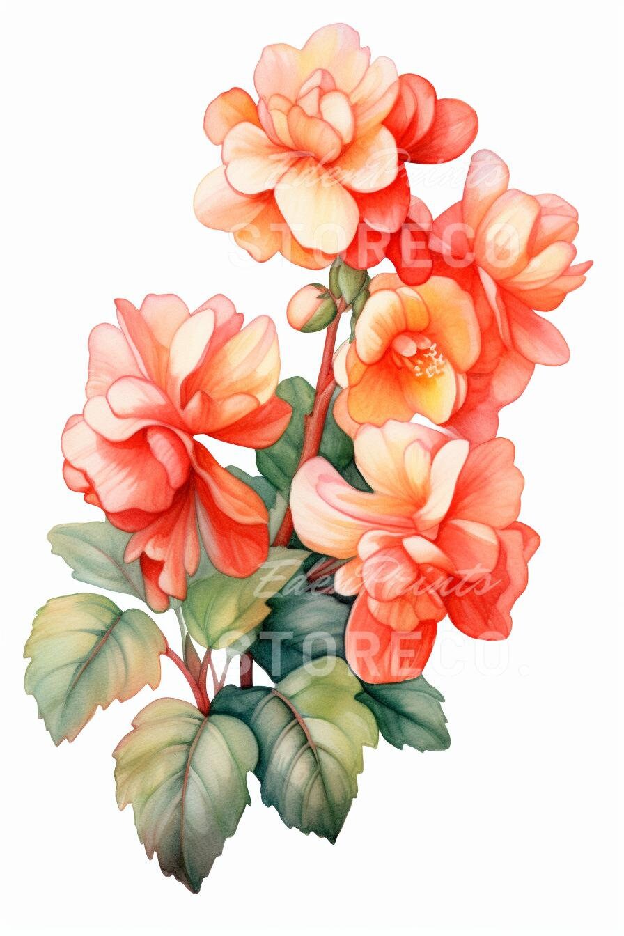 4 Set "begonia Flowers", Botanical, Illustration Art Instant Download ...
