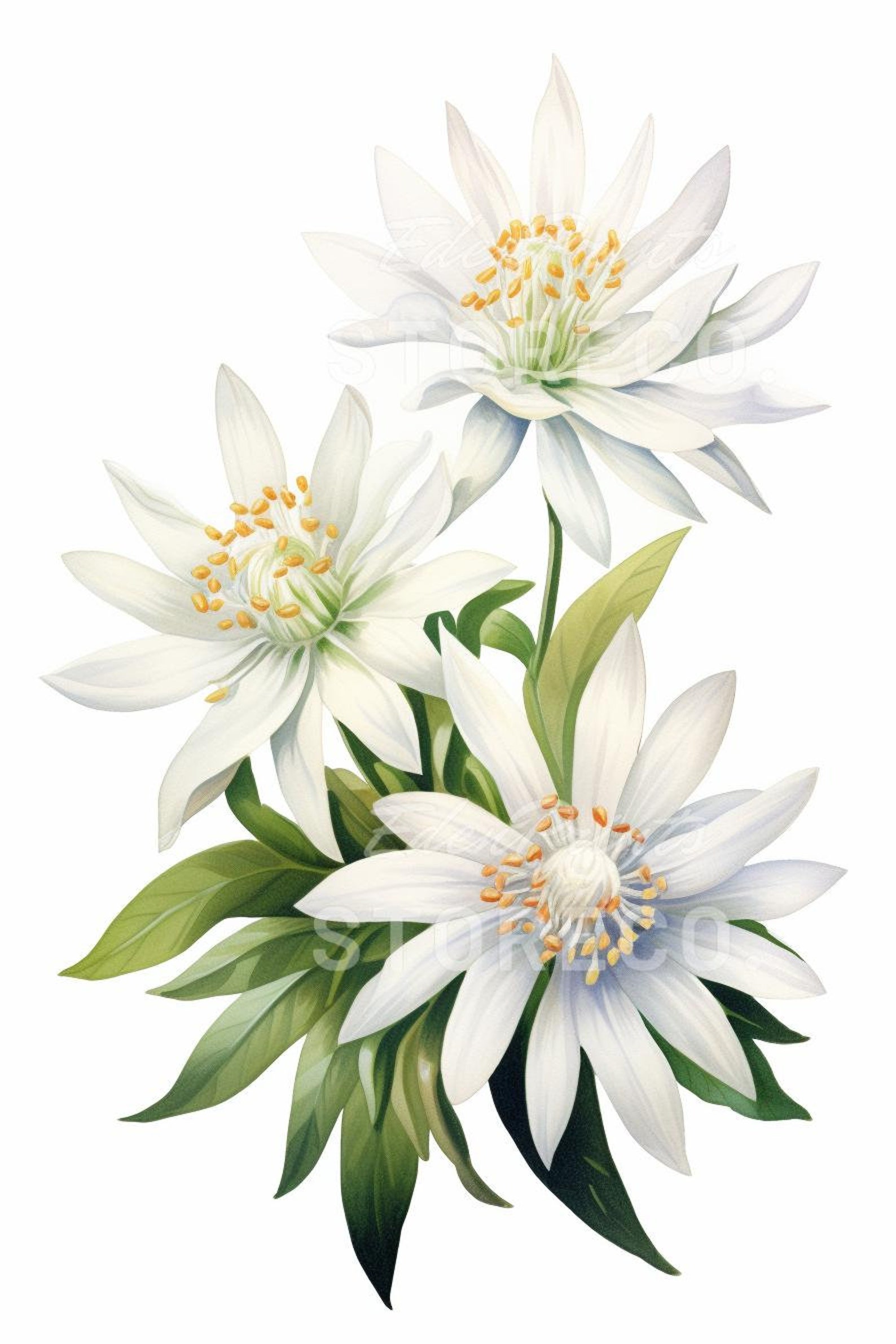 4 Set "edelweiss Flowers", Floral, Botanical, Illustration Art Instant ...