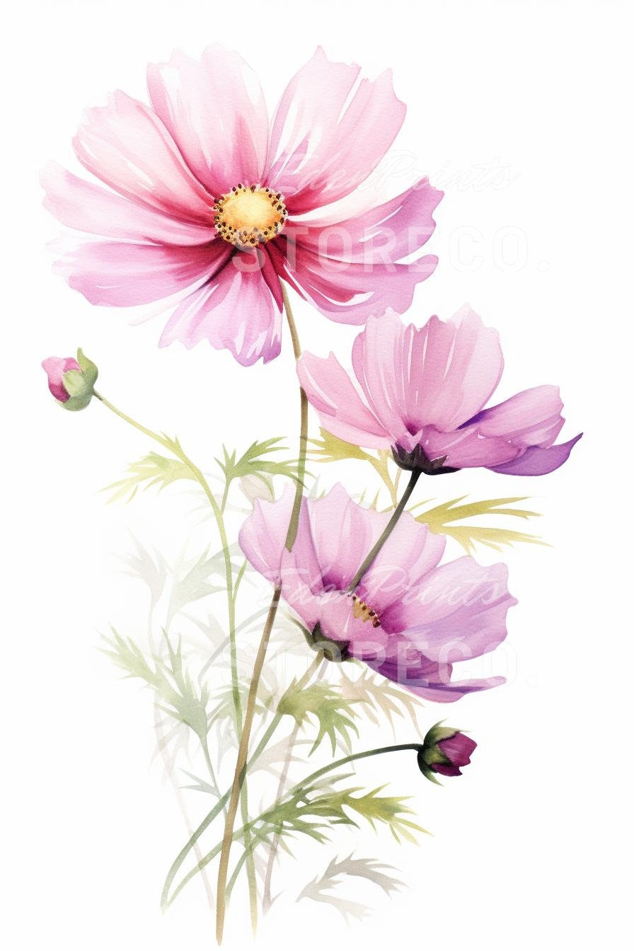 4 Set "cosmos Flowers" Floral, Botanical, Illustration Art Instant ...