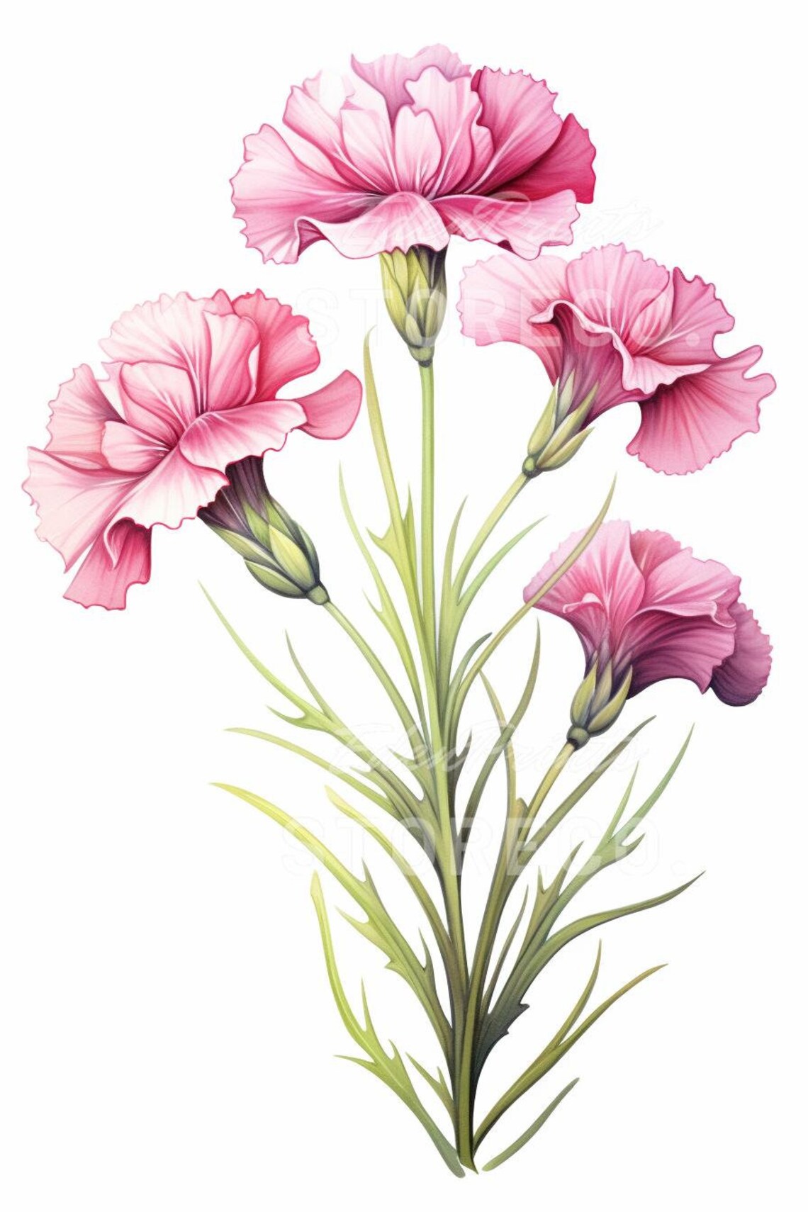 4 Set "dianthus Flowers", Floral, Botanical, Illustration Art Instant ...
