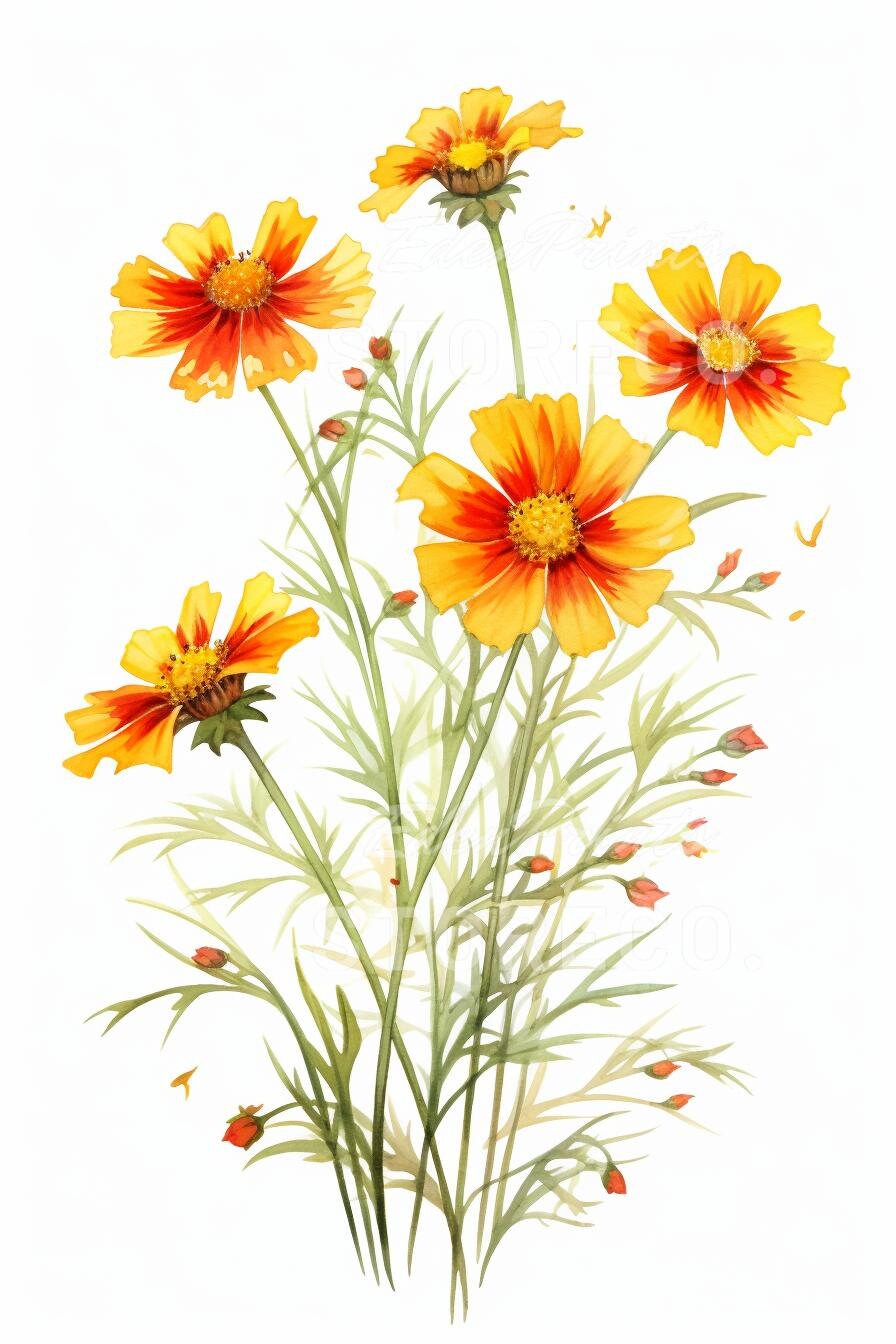 4 Set "coreopsis Flower", Floral, Botanical, Illustration Art Instant ...