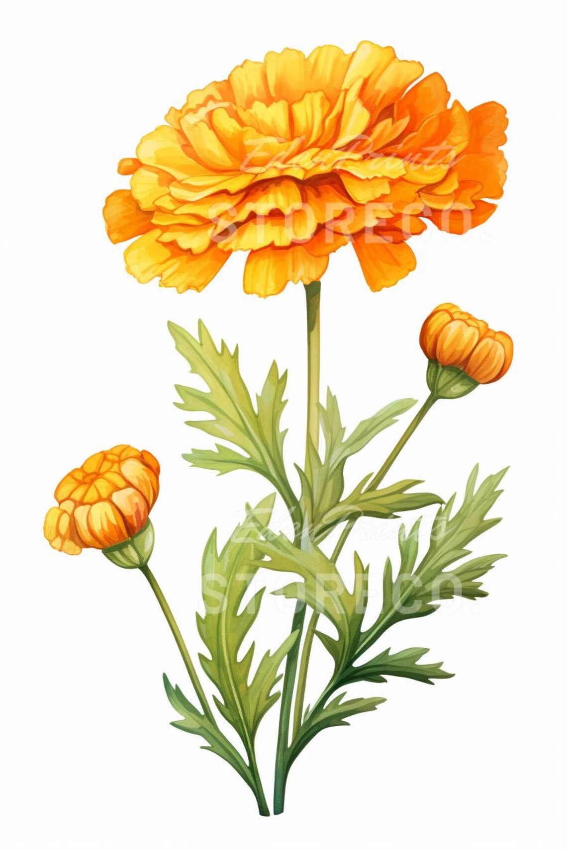 4 Set "marigold Flowers" Floral, Botanical, Illustration Art Instant ...