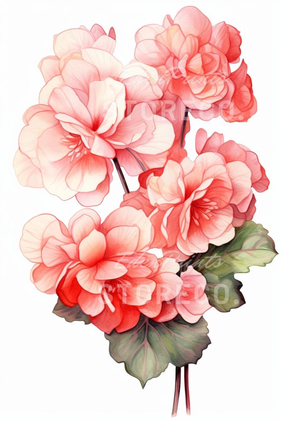 4 Set "begonia Flowers", Botanical, Illustration Art Instant Download ...