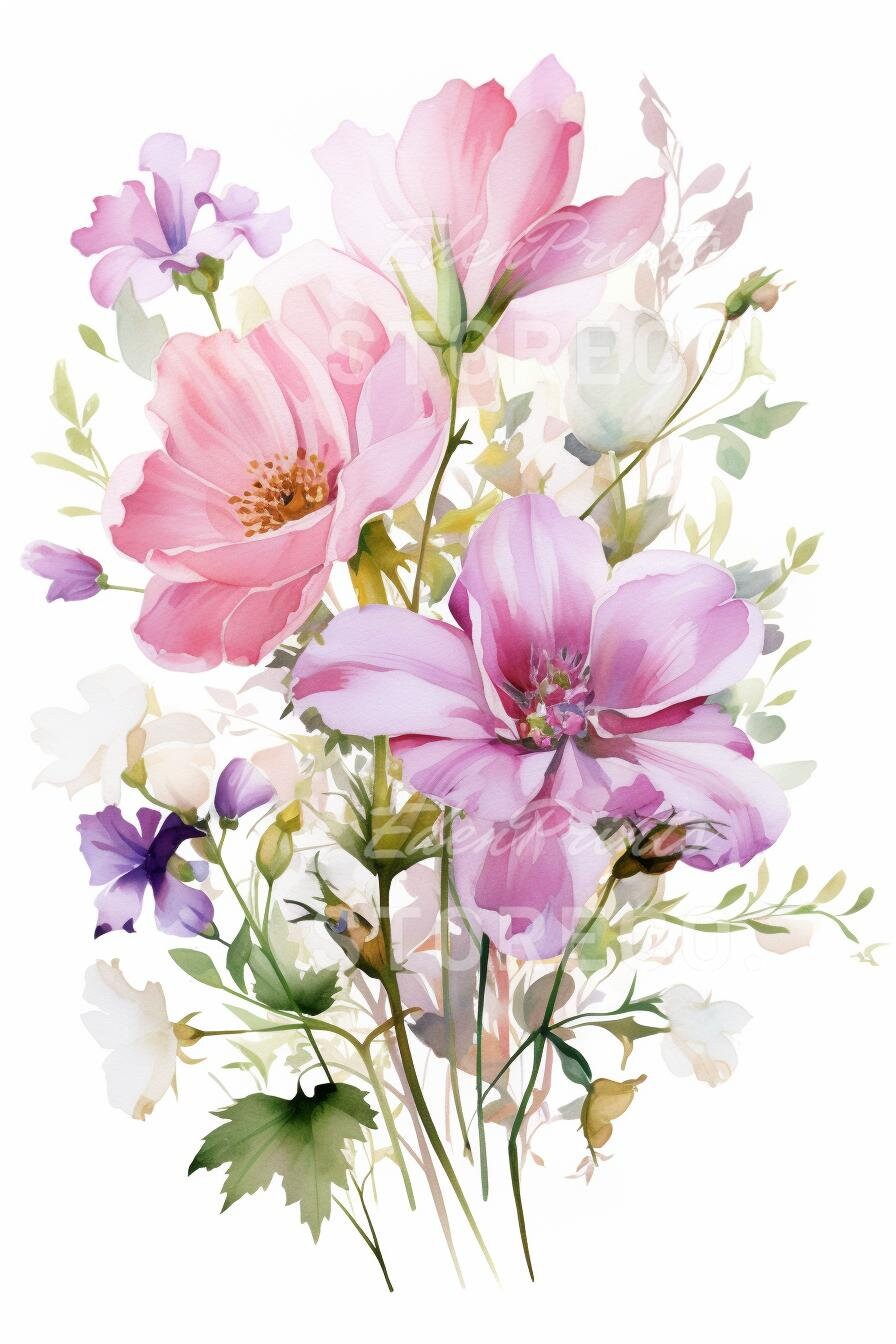 4 Set "stock Flowers" Floral, Botanical, Illustration Art Instant ...