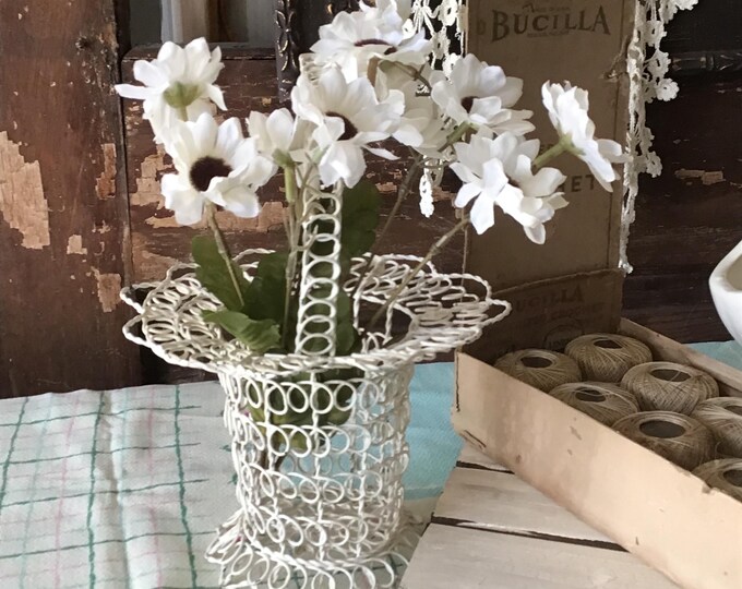 Vintage French Loop Wire Basket Floral Chippy White Decor Home - Etsy