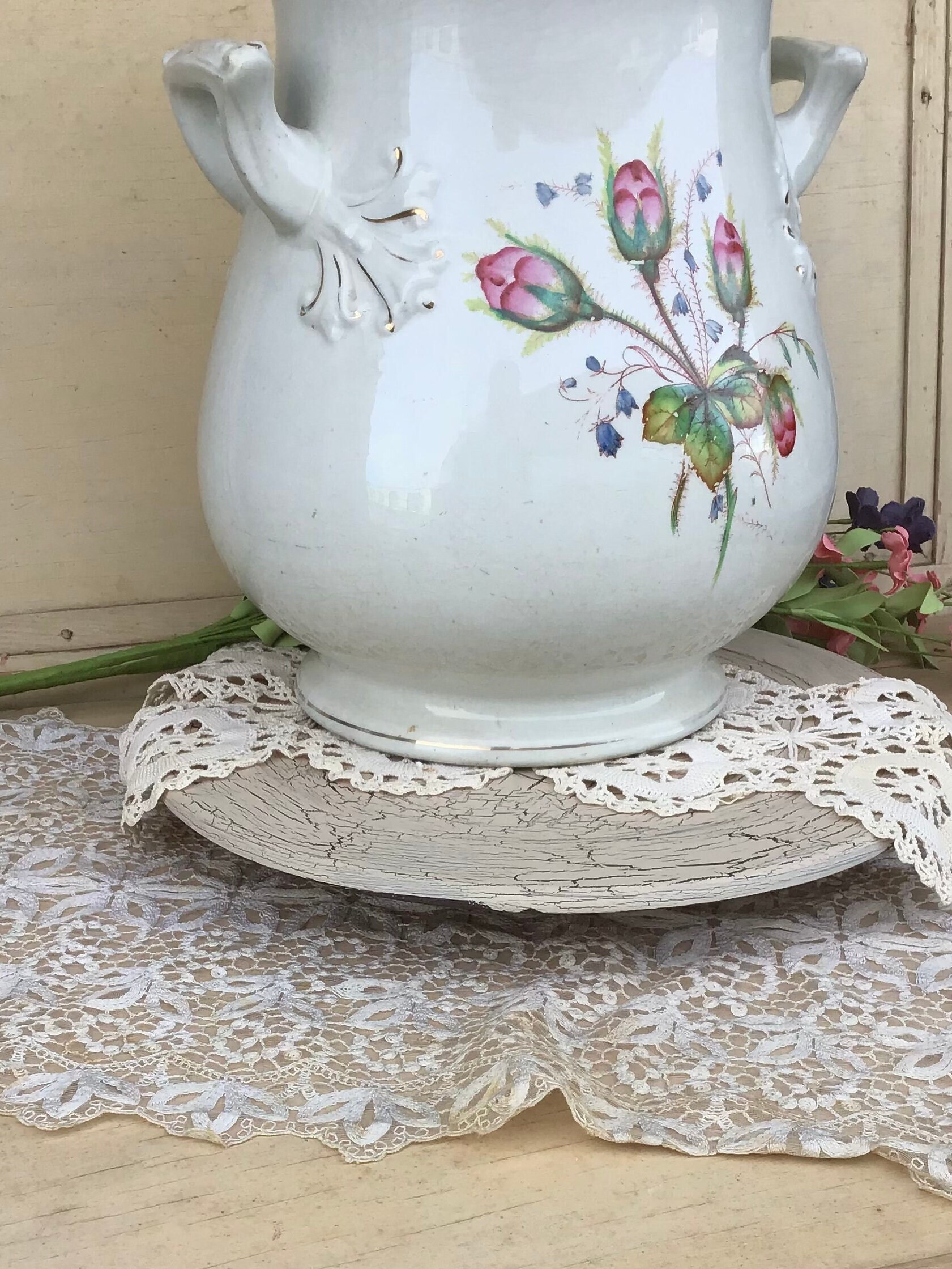 Antique Ironstone Slop Chamber Pot Moss Rose Etruria Shabby Country ...