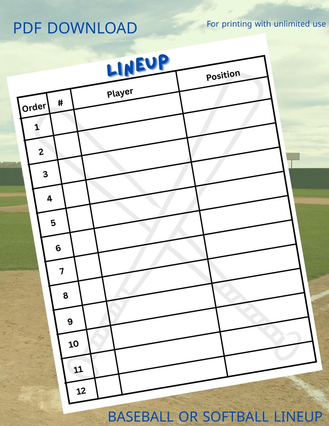 Printable Lineup for Baseball or Softball - PDF Download - Field ...