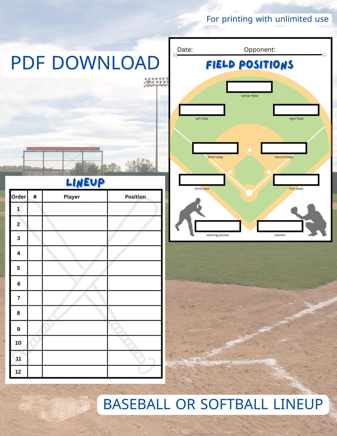 Printable Lineup for Baseball or Softball - PDF Download - Field ...