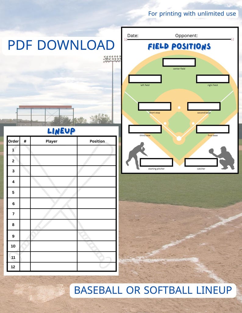 Printable Lineup for Baseball or Softball - PDF Download - Field ...