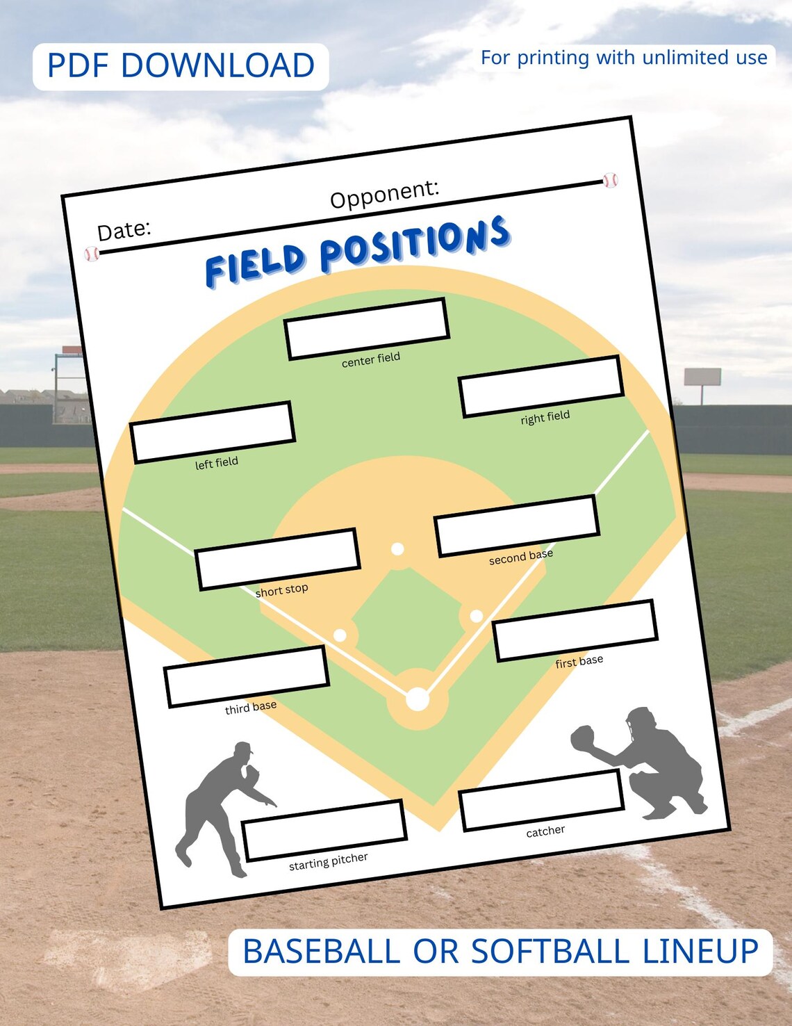 Printable Lineup for Baseball or Softball - PDF Download - Field ...