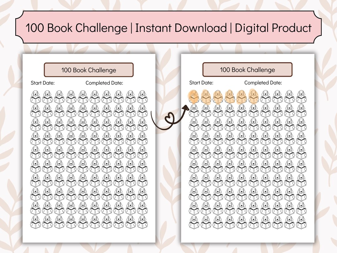 Book Reading Tracker, 100 Book Challenge With Dog Icon (PDF Files) - Etsy