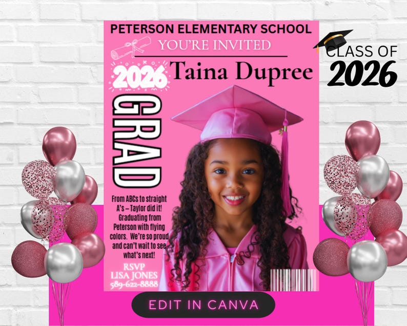 Child Graduation Template: Editable Canva Design, Pink Kindergarten ...