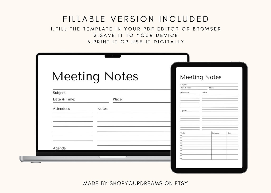 PRINTABLE Business Meeting Notes Template: Professional Agenda ...