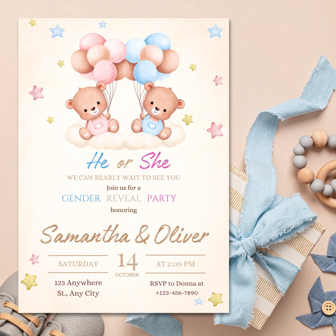 EDITABLE Teddy Bears Gender Reveal Invitation, Baby Boy or Girl Party ...