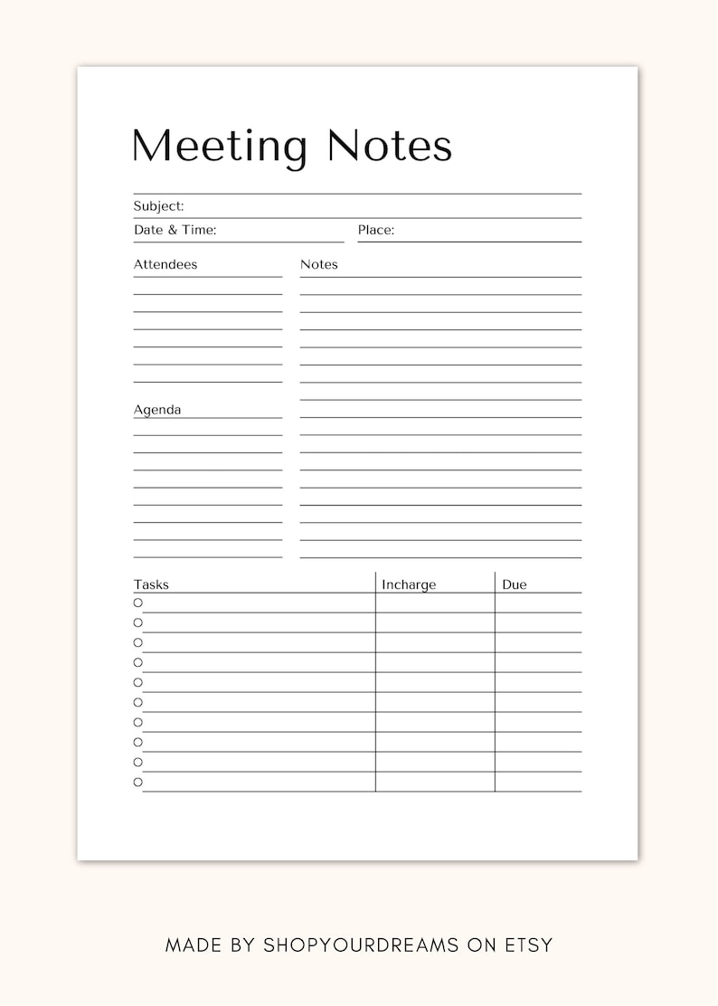 Meeting Notes Template Printable | Meeting Notes for Business PDF - Etsy
