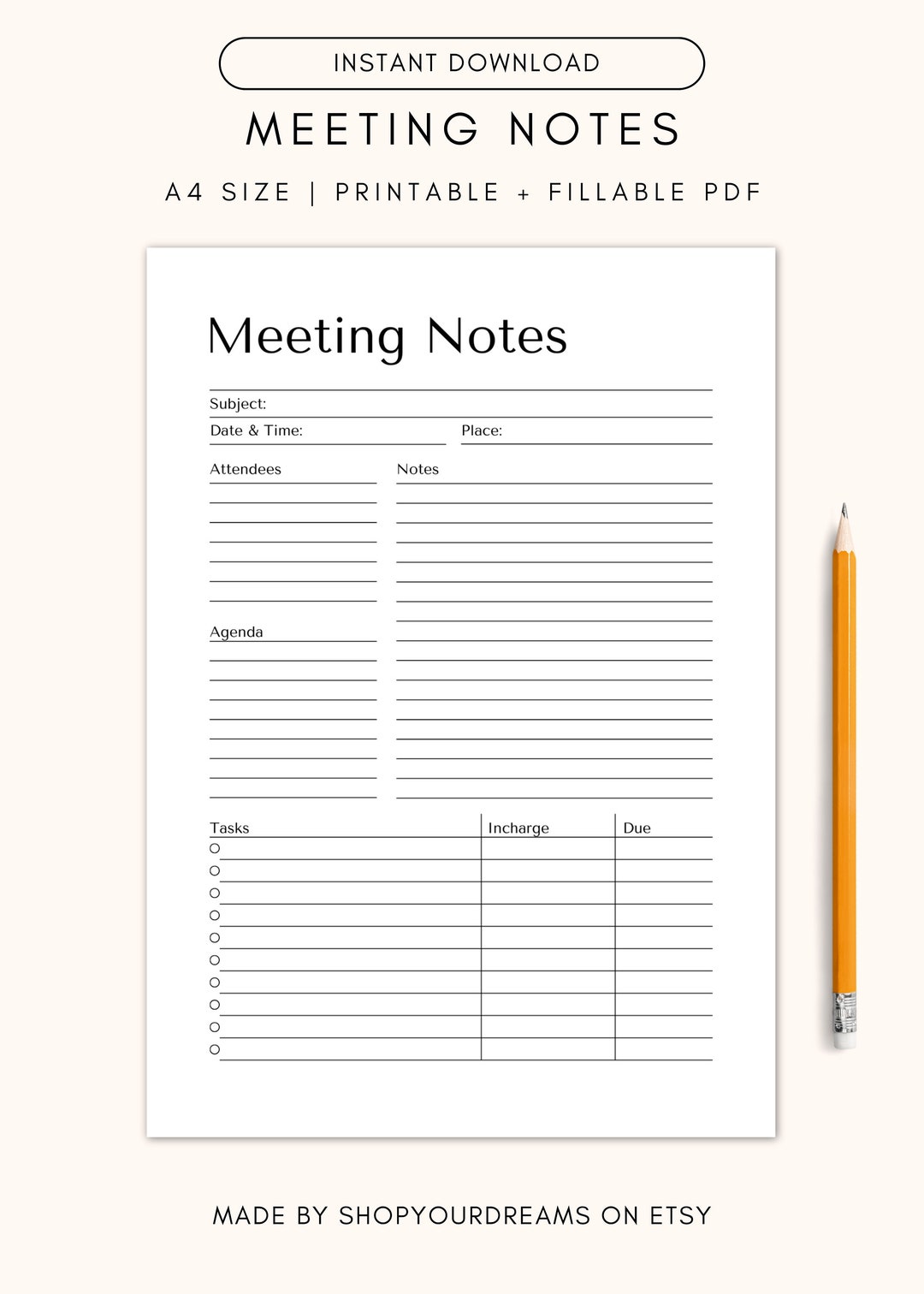 Meeting Notes Template Printable | Meeting Notes for Business PDF - Etsy