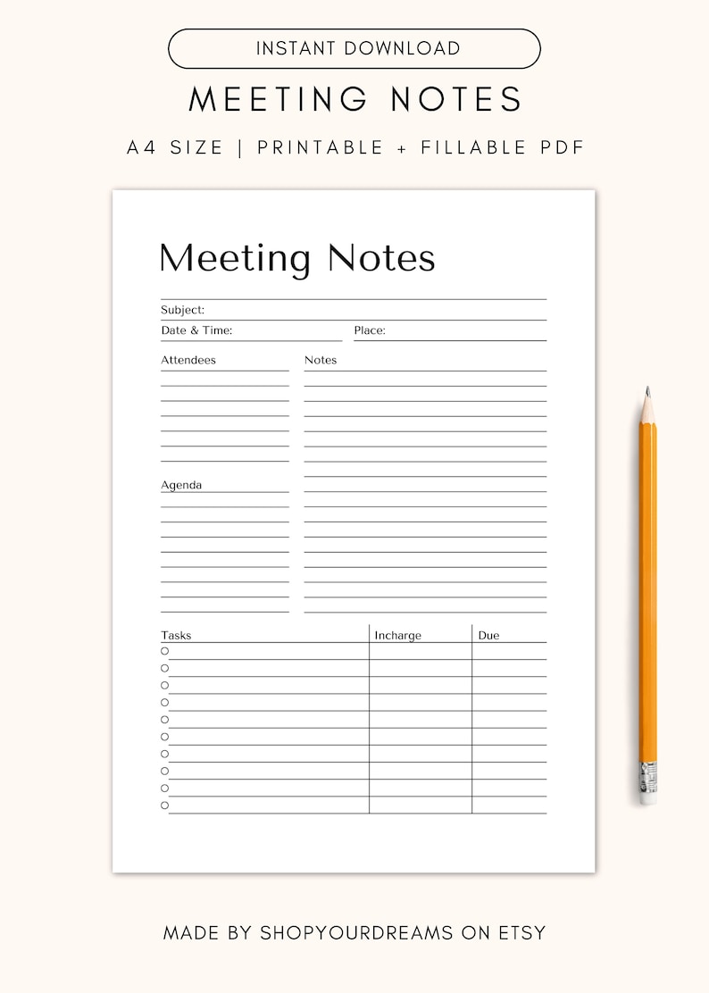 Meeting Notes Template Printable Meeting Notes for Business PDF - Etsy