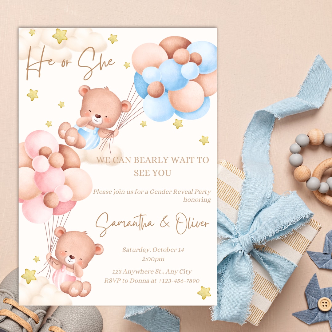 EDITABLE Teddy Bears Gender Reveal Invitation, Baby Boy or Girl Party ...